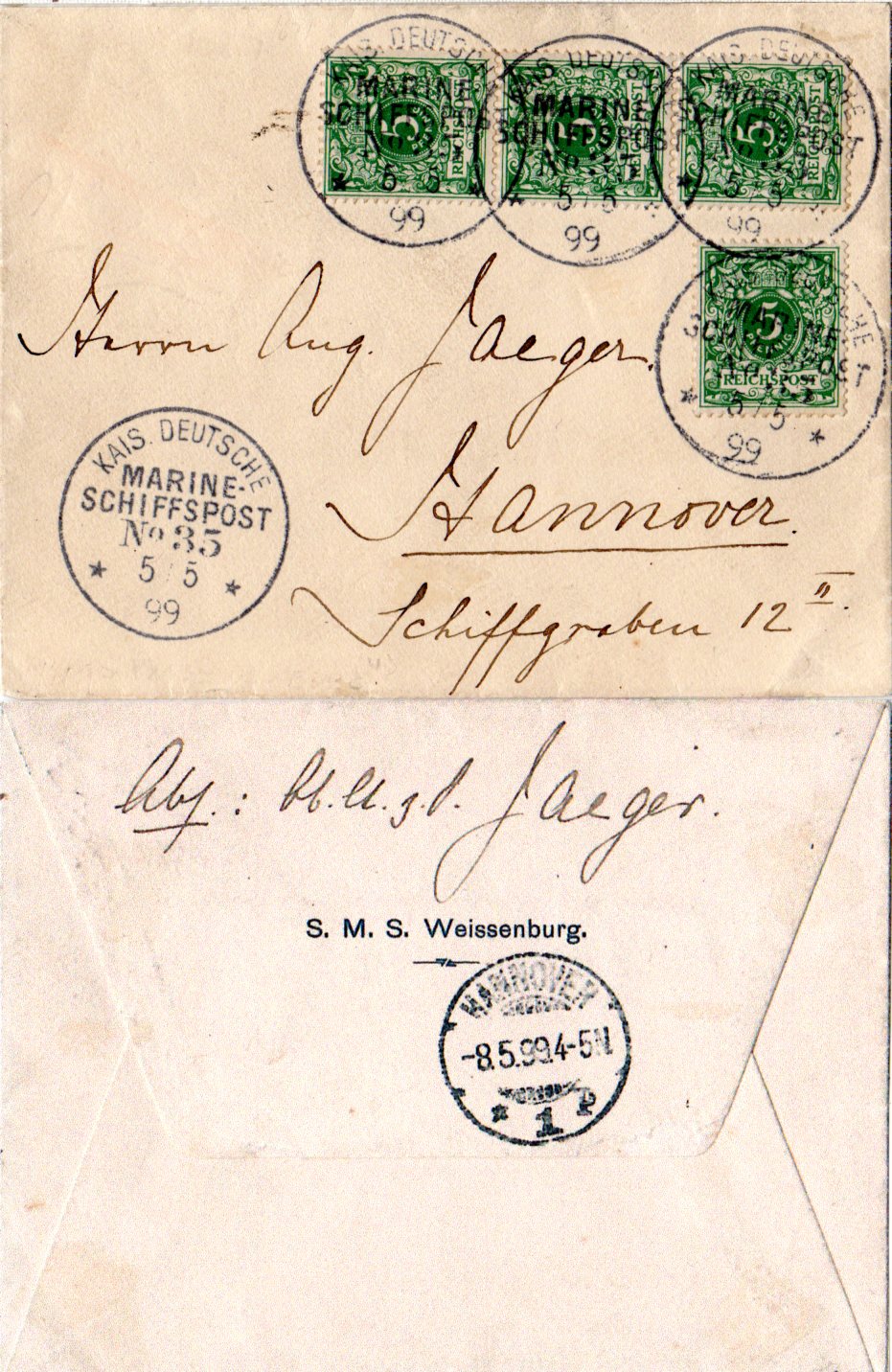DR 1899, 4x5 Pf. auf Brief m. K1 KD Marine Schiffspost No.35, SMS ...