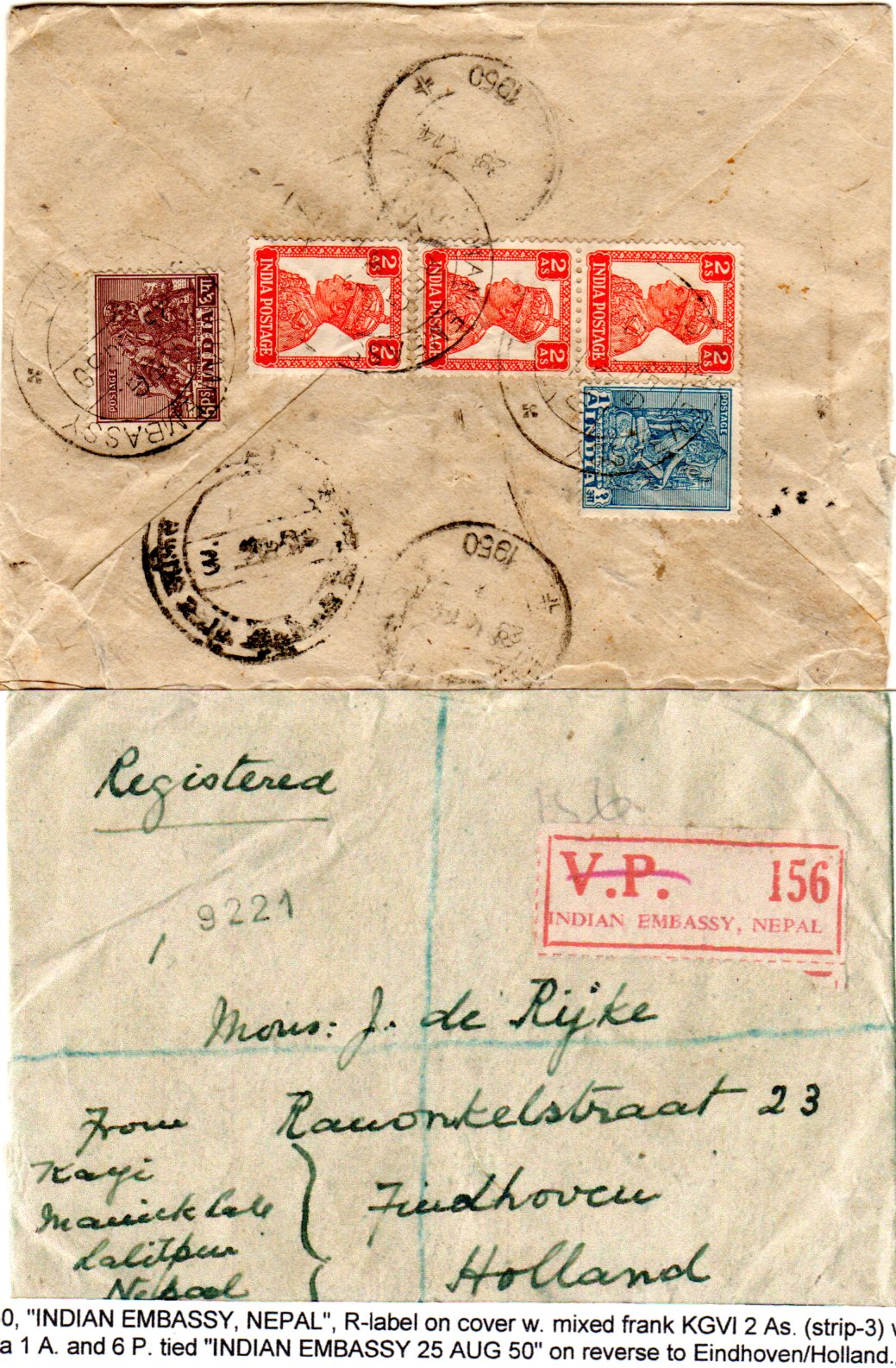 Indien 1950, R-Zettel INDIAN EMBASSY, NEPAL auf Einschreiben Brief m. 5 ...